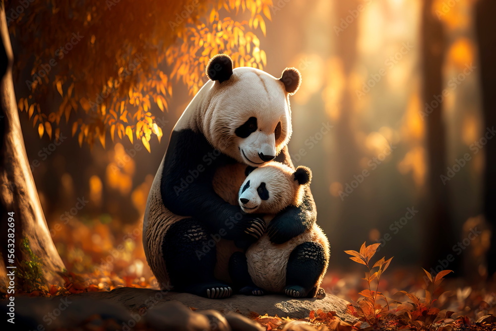 Beautiful panda with a baby panda happy together in Chinese park ...