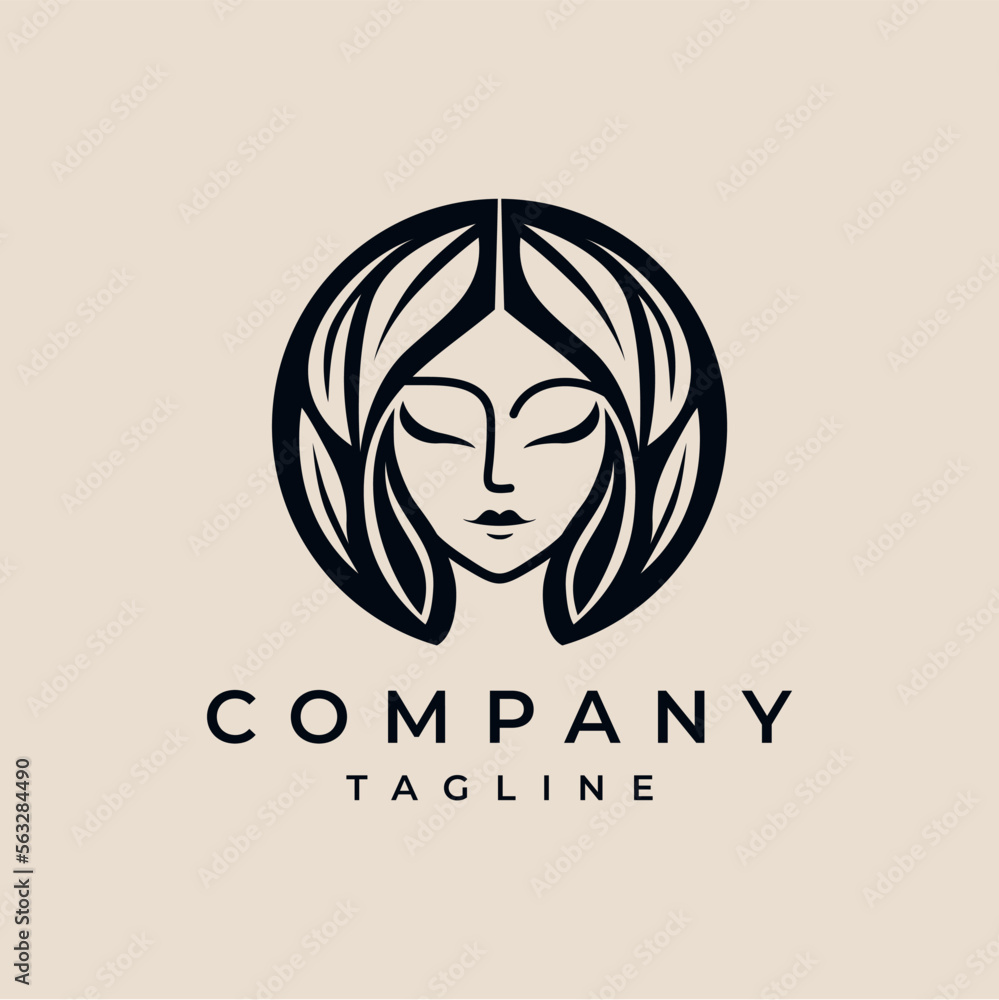 Circle Natural Leaf Beauty woman face logo design Stock Vector | Adobe ...