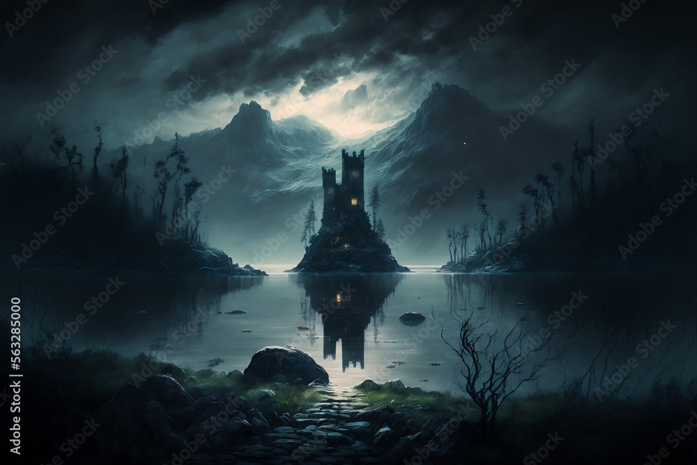 Dark fantasy old castle, gloomy lake, dark sky, ancient castle ...
