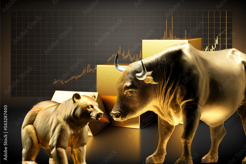 Gold chart business background with golden bull and bear, Generative AI ...