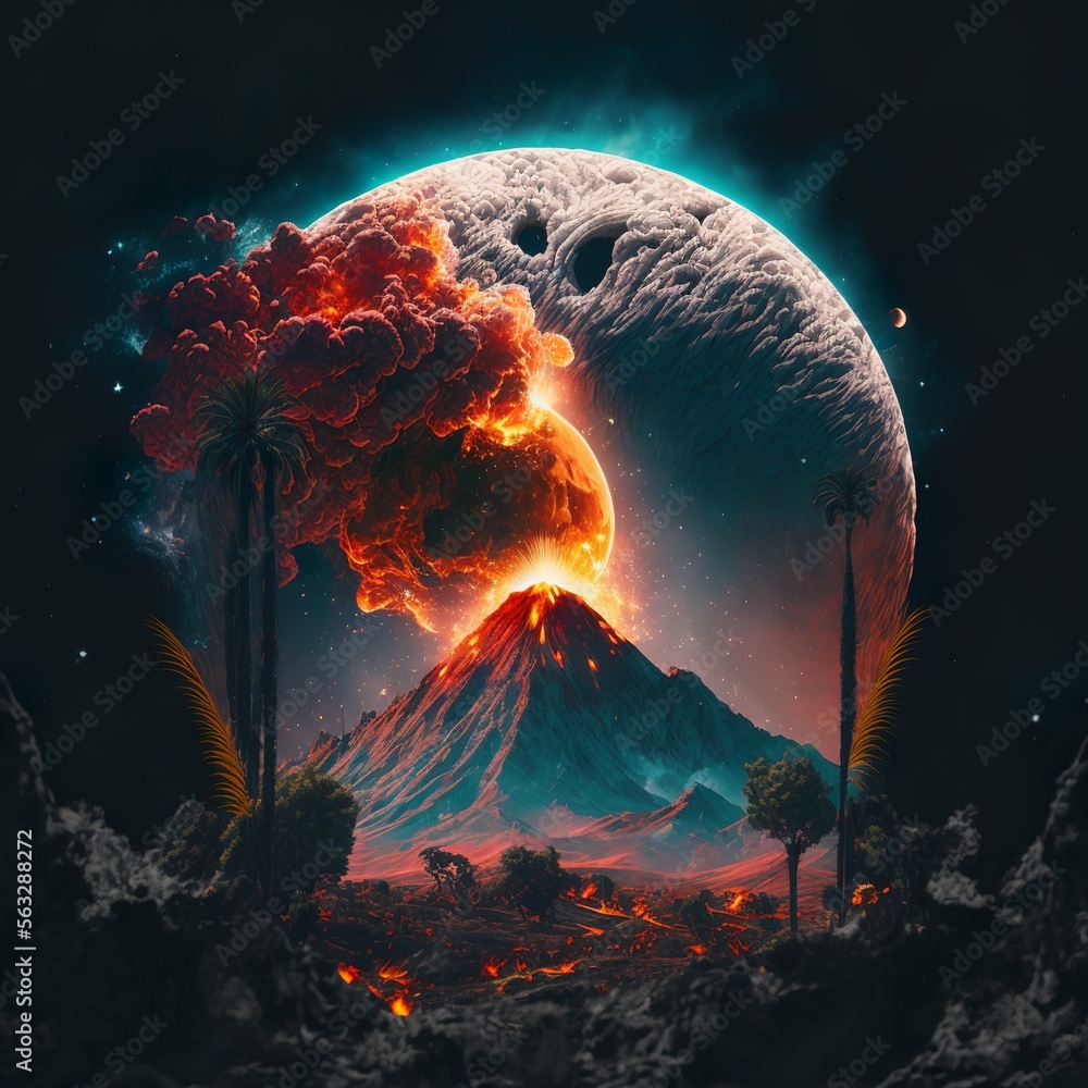 moon erupting volcano at night smoke, burnt city trees white light ...