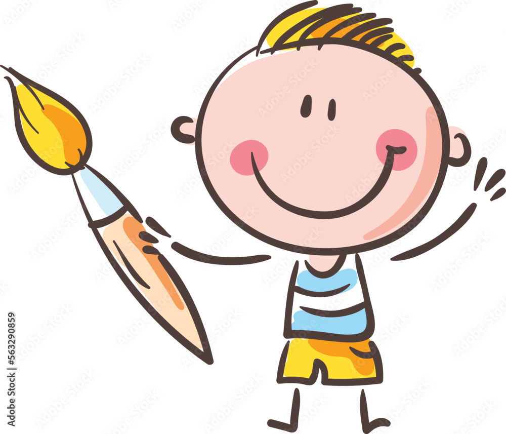 Doodle boy holding paint brush. Kid creative activities clipart ...