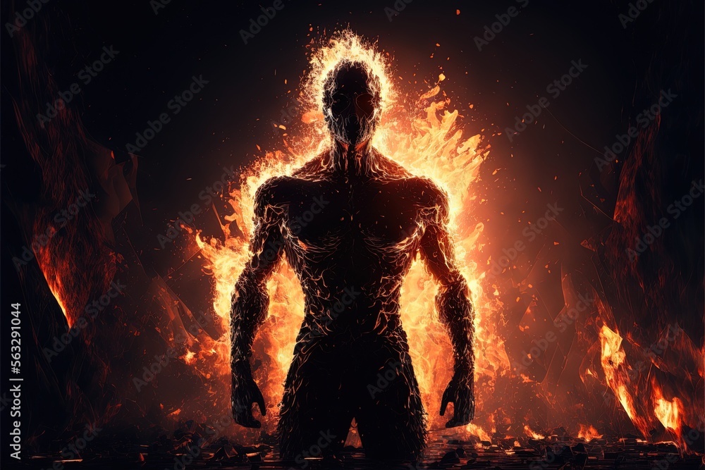 human man made of fire inside fire illustration generative ai Stock ...