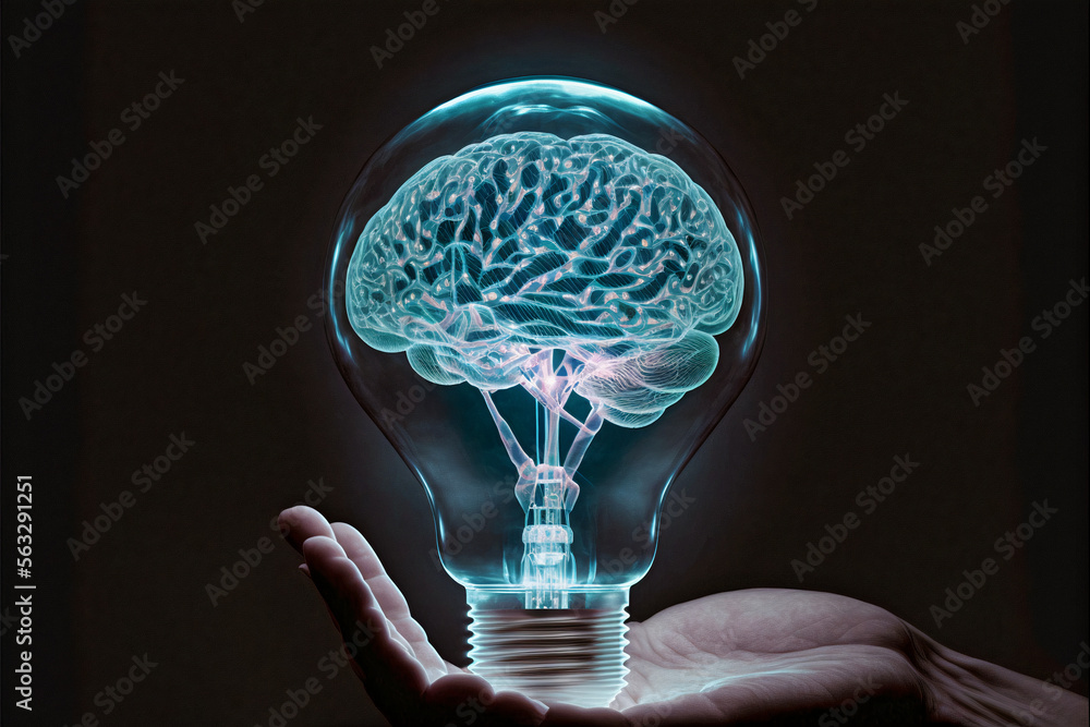 Hand holding a Lightning human brain inside a light bulb. Brainstorming ...