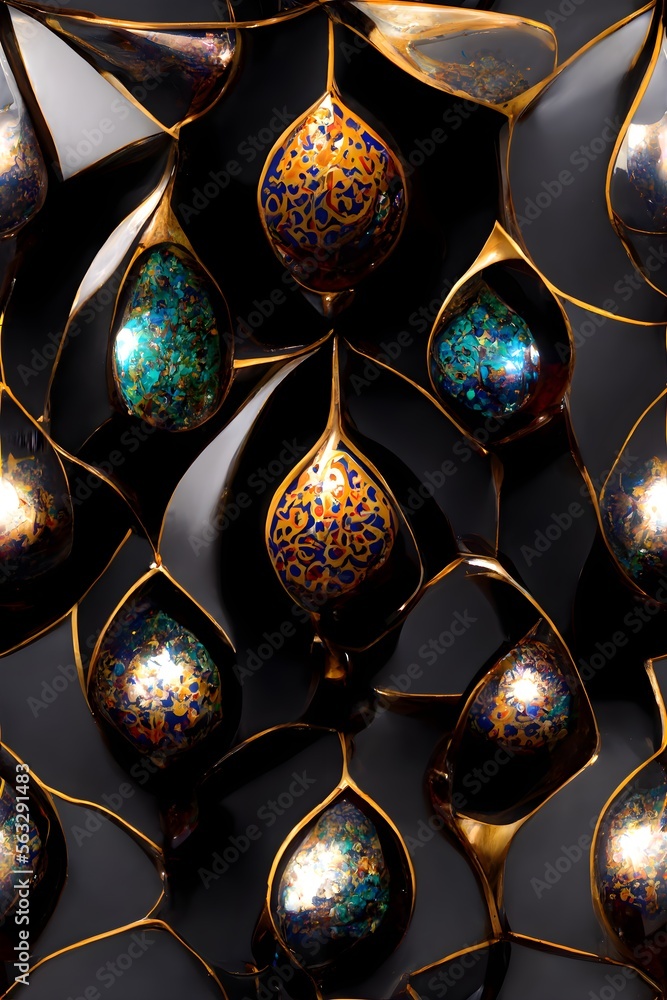 Arabesque damascene black enamel copper and corundum gems sharp focus ...