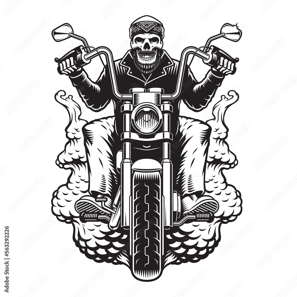 Vector biker illustration a bearded skeleton on a motorcycle on a white ...