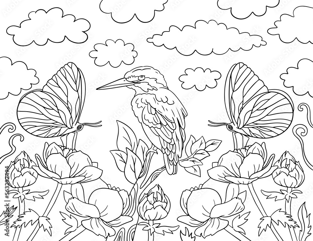 Butterflies, bird and flowers coloring page for adults. Beautiful ...