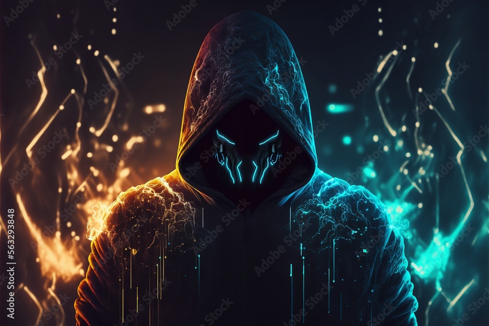 Abstract hooded hacker with hidden face,Technology cyberpunk background ...