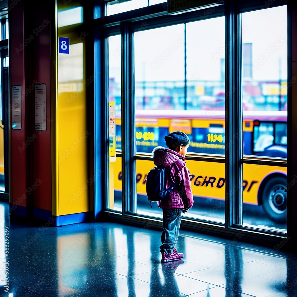 dramatic photo of a child playing at a bus station, bus station in the ...