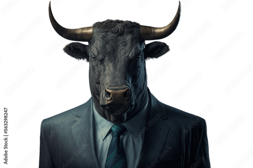 Portrait of a bull wearing a suite, dress shirt and tie on a ...