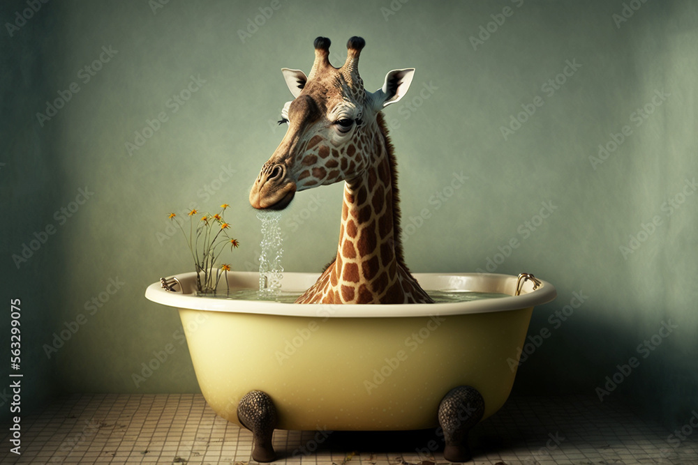 Odd illustration of a giraffe having a bath in an old english house ...