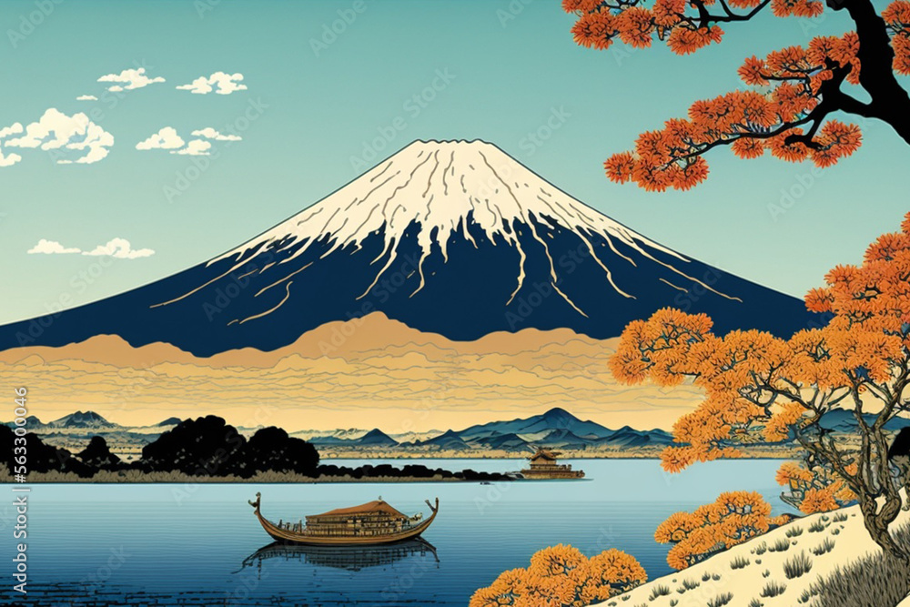 Mount Fuji, japanese art, ukiyo-e, mountain, generative ai Stock Illustration | Adobe Stock