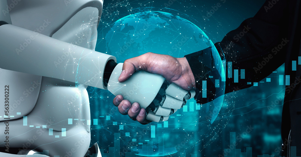 3D rendering hominoid robot handshake to collaborate future technology ...
