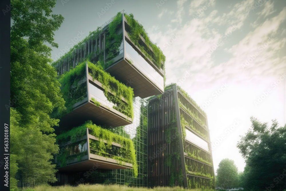 Eco friendly green building with vertical garden in modern city for ...