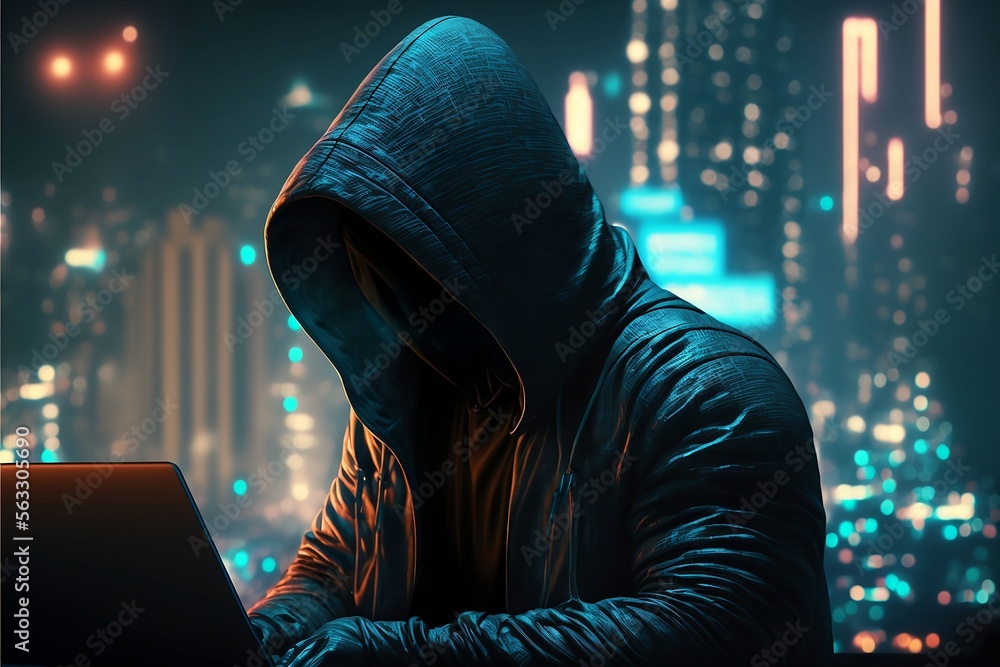 Abstract hooded hacker with hidden face, working on laptop,Technology ...