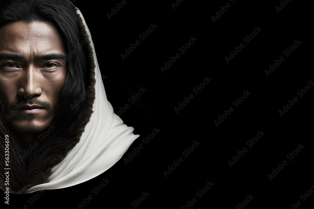 Close-up portrait of a fictional Asian man with a white hood on a black ...