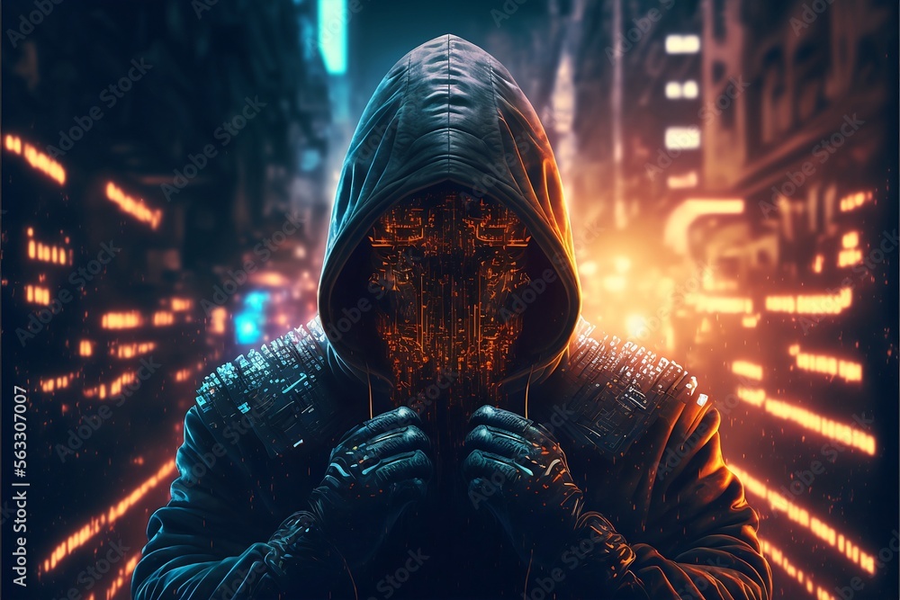 Abstract hooded hacker with hidden face,Technology cyberpunk background ,Cinematic ,Generative ...