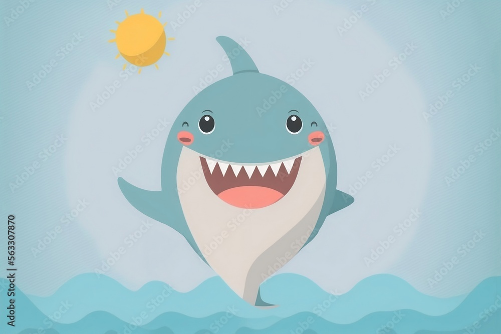 cute shark, with the sun , 2D illustration, cartoon, vector ...
