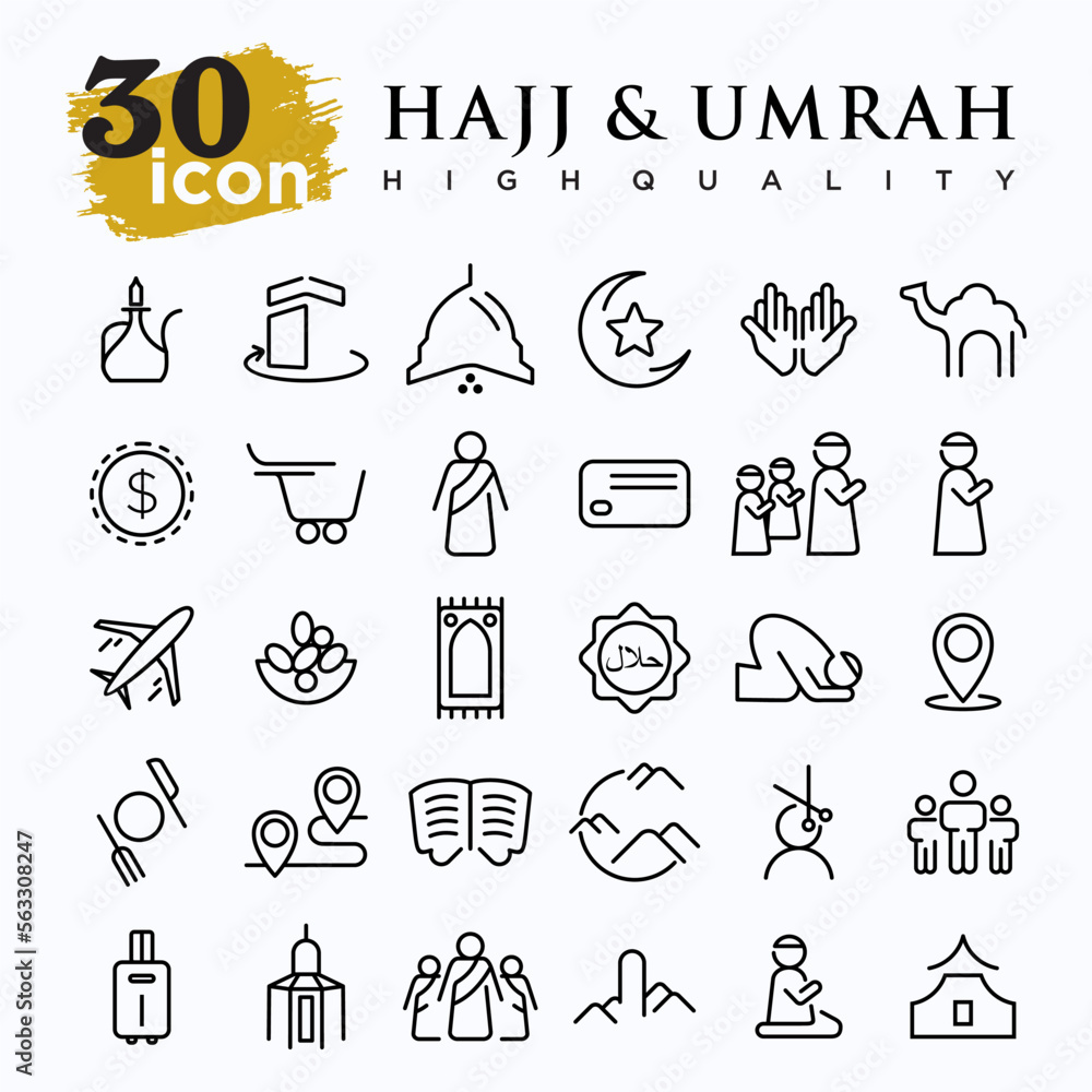 hajj season icon set collection line art design. mosque, Muslim icons ...
