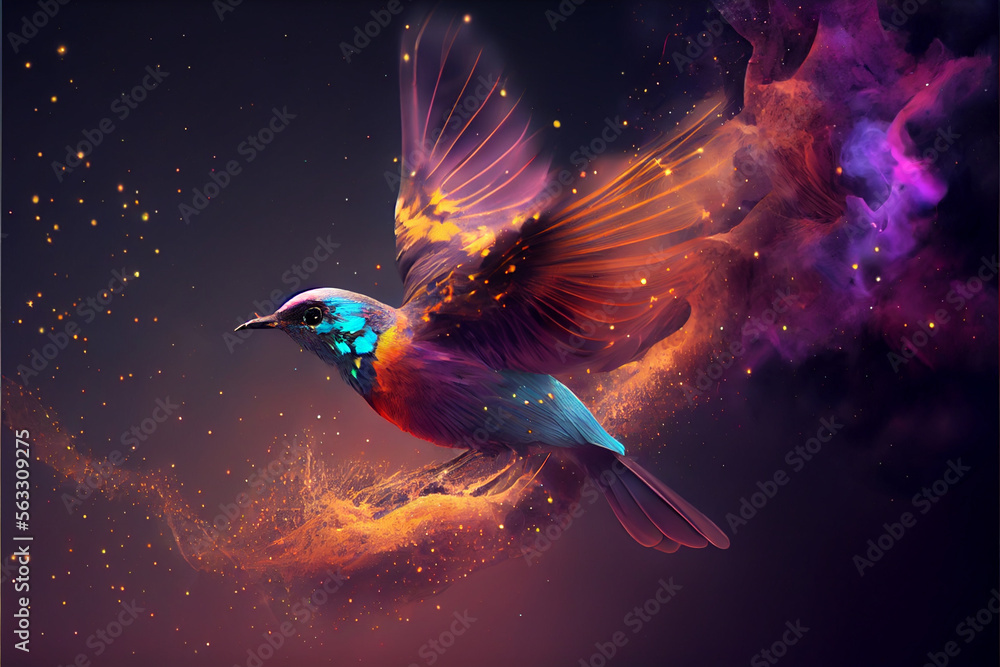 Abstract digital bird concept on a nebula dust in infinite space ...