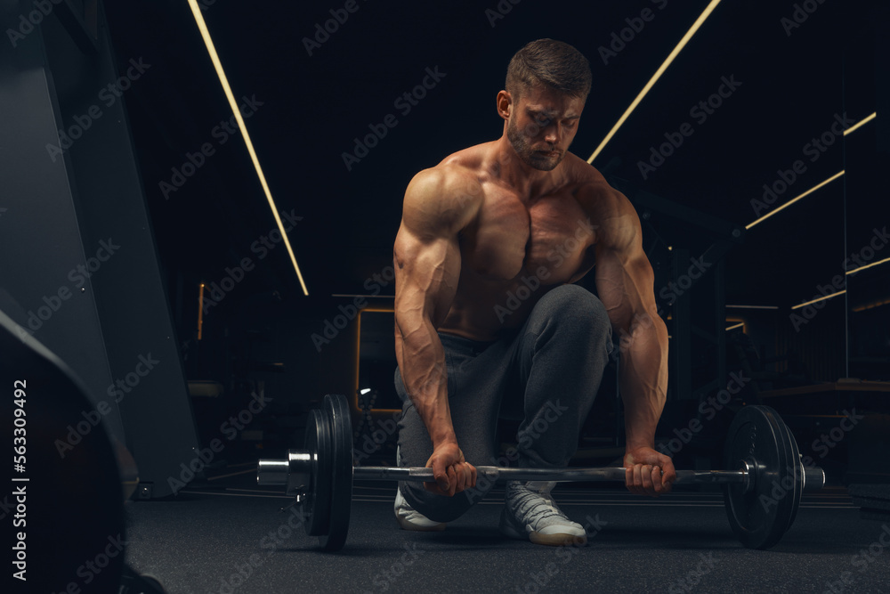 Muscular man prepare to do Barbell Biceps Curl Arm Workout in a gym ...