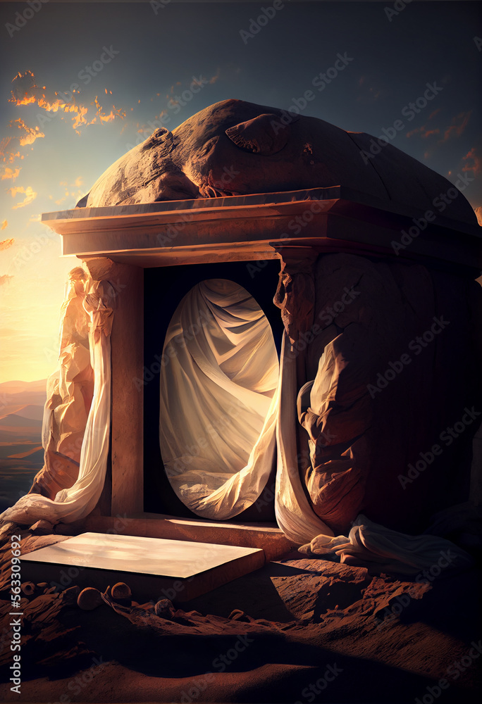 Tomb Empty With Shroud And Crucifixion At Sunrise - Resurrection Of ...