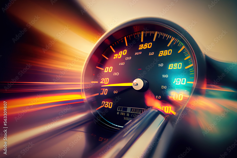 acceleration speedometer on night road in the rays of speed. Generative ...