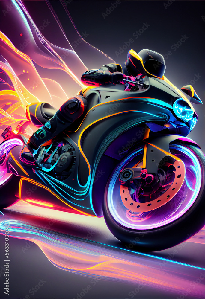 beautiful abstract motorcycle driving fast with colourful light trails ...
