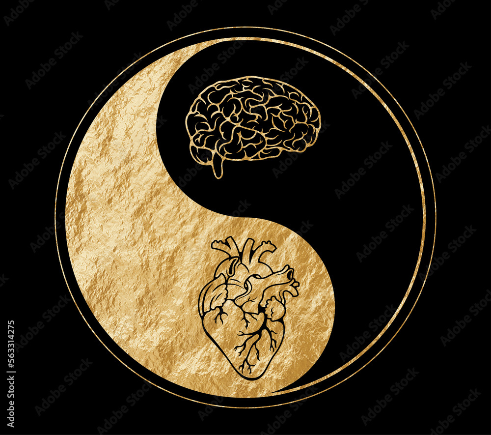 Yin Yang. Picture in gold on a black background. Heart. Brain. Extreme ...