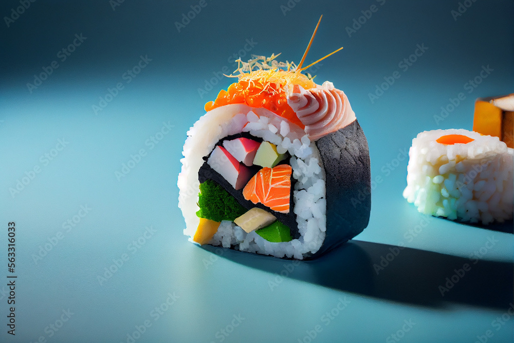A sushi with a variety of toppings on it is shown in a photo with a ...