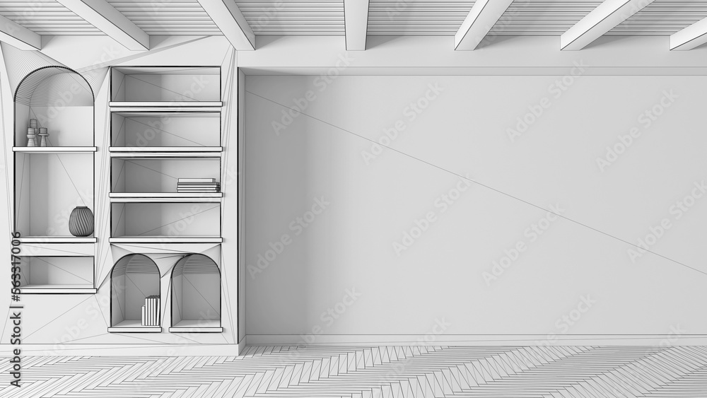 Blueprint unfinished project draft, empty room interior design with ...