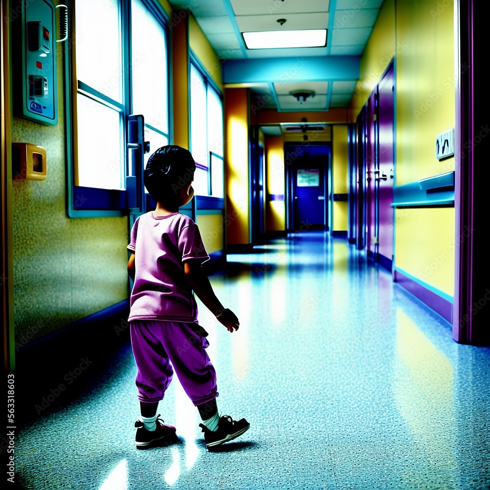 dramatic photo of a child playing in a hospital corridor, hospital ...
