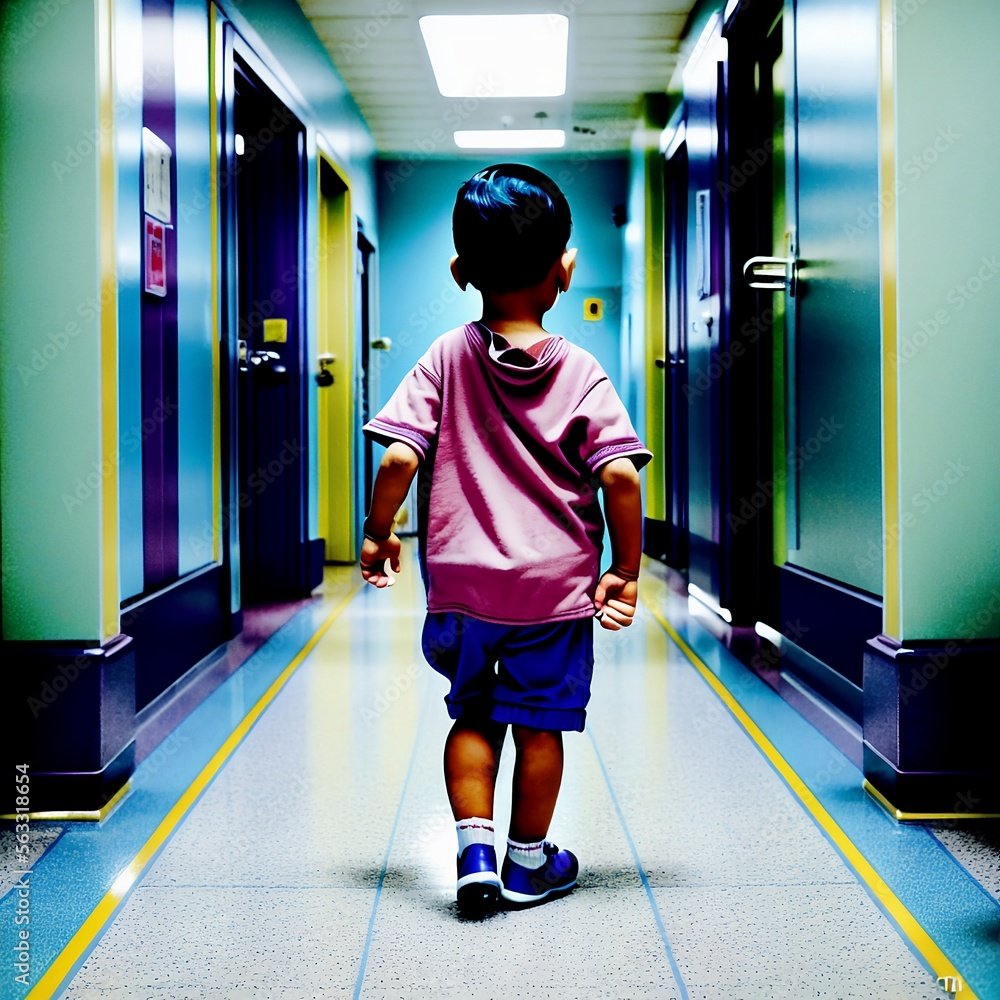 dramatic photo of a child playing in a hospital corridor, hospital ...