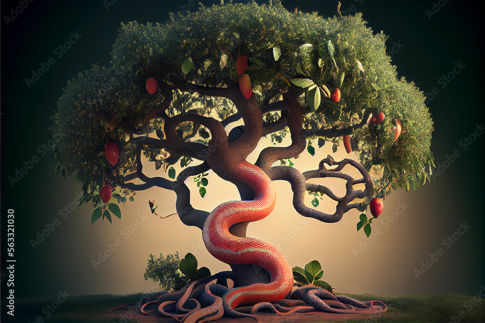 The biblical tree of knowledge with the apples and the serpent, generative AI Stock Illustration ...