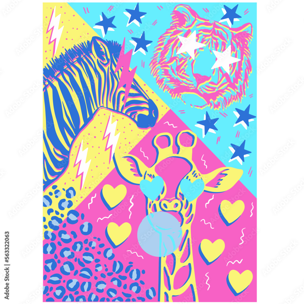 Tiger, zebra, giraffe - vector hand drawn art with preppy aesthetic ...