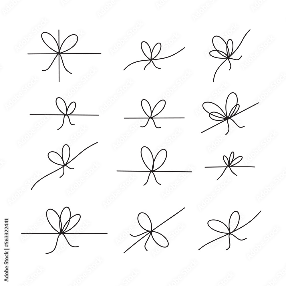 Simple hand drawn line bows on ribbon vector set. Rope knots on string, different bowknots ...