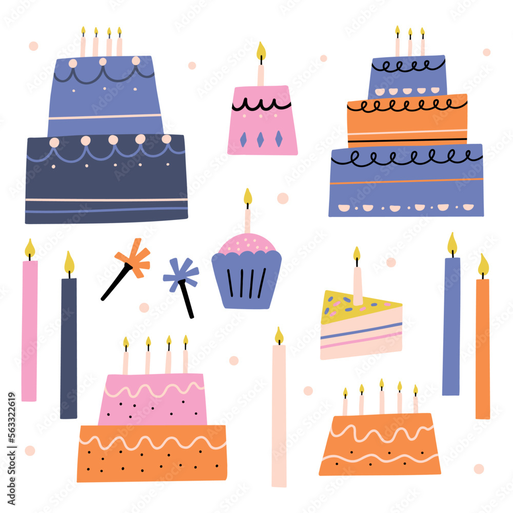 Set colorful birthday cake with candles. Vector hand drawn isolated ...