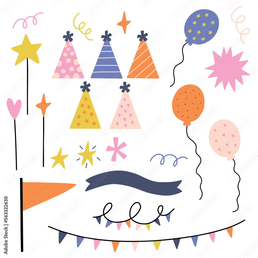 Set Decor Birthday Clipart Element. Vector hand drawn isolated ...