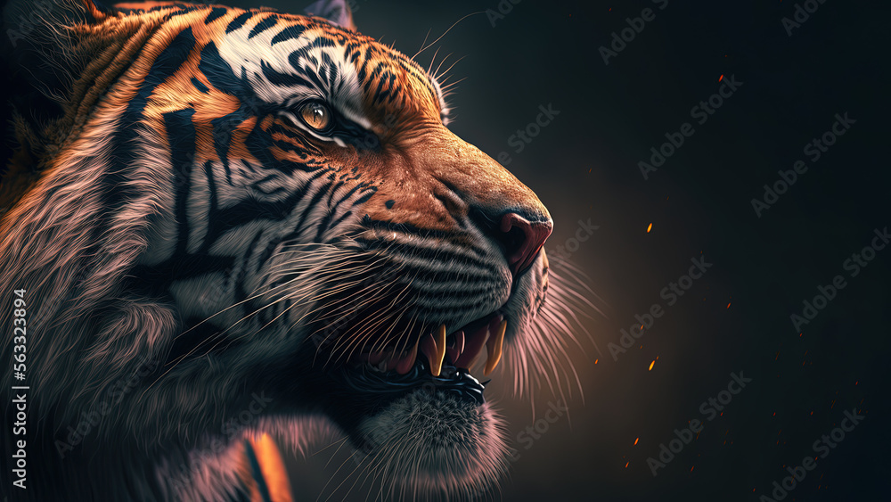 Side profile portrait of a tiger on dark backdrop created with ...