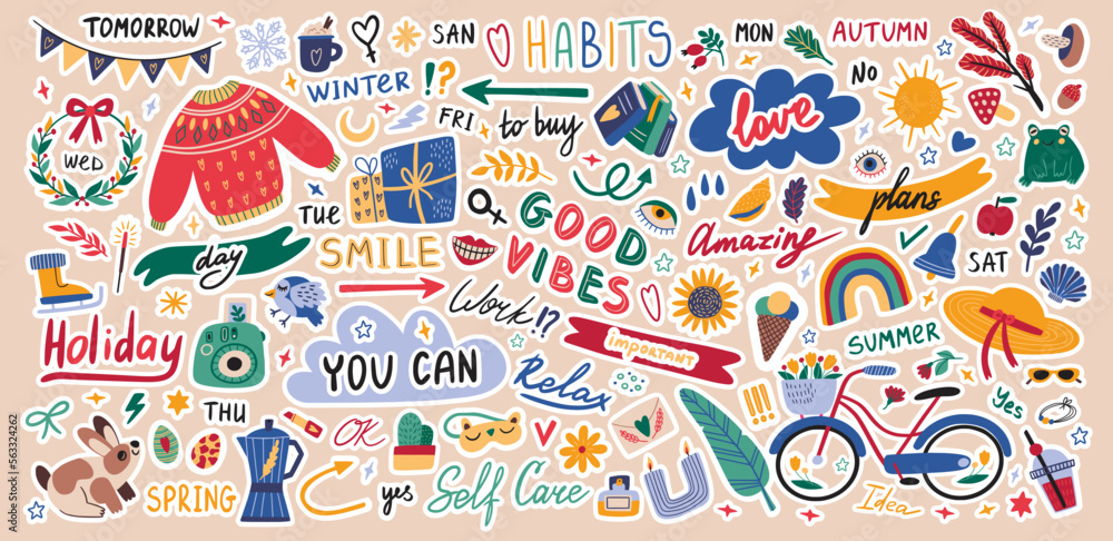 Diary, planner stickers, cute scrapbook isolated elements. Daily notes ...