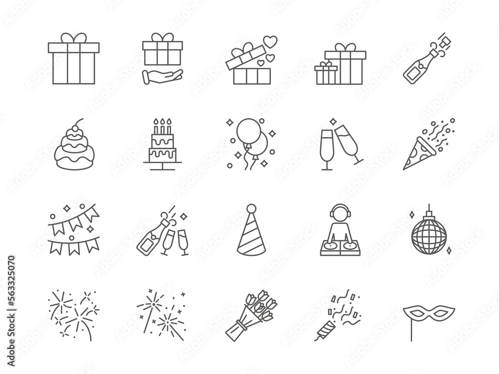 Birthday party. Happy event icons. Line ball and present box. Festival ...