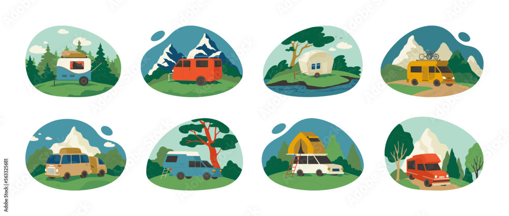 Vecteur Stock Caravan camp. Home car. RV truck. Adventure in camper van ...