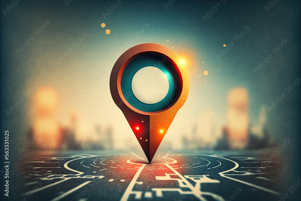 Location pin sign icon and gps navigation map road direction background ...