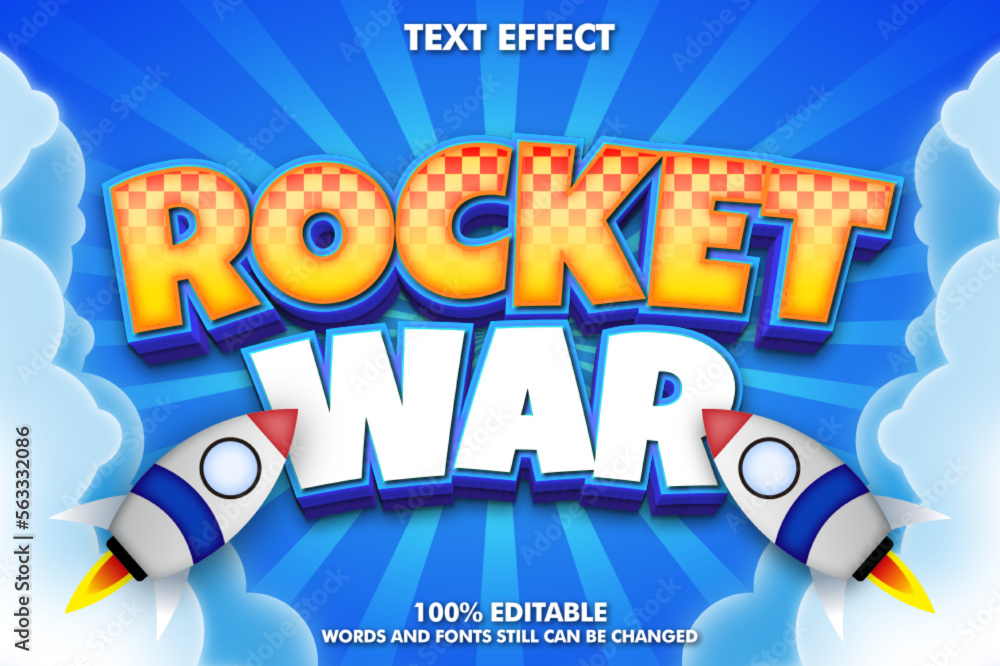 Rocket War title. Strong b old cartoon text effect with flying rocket ...