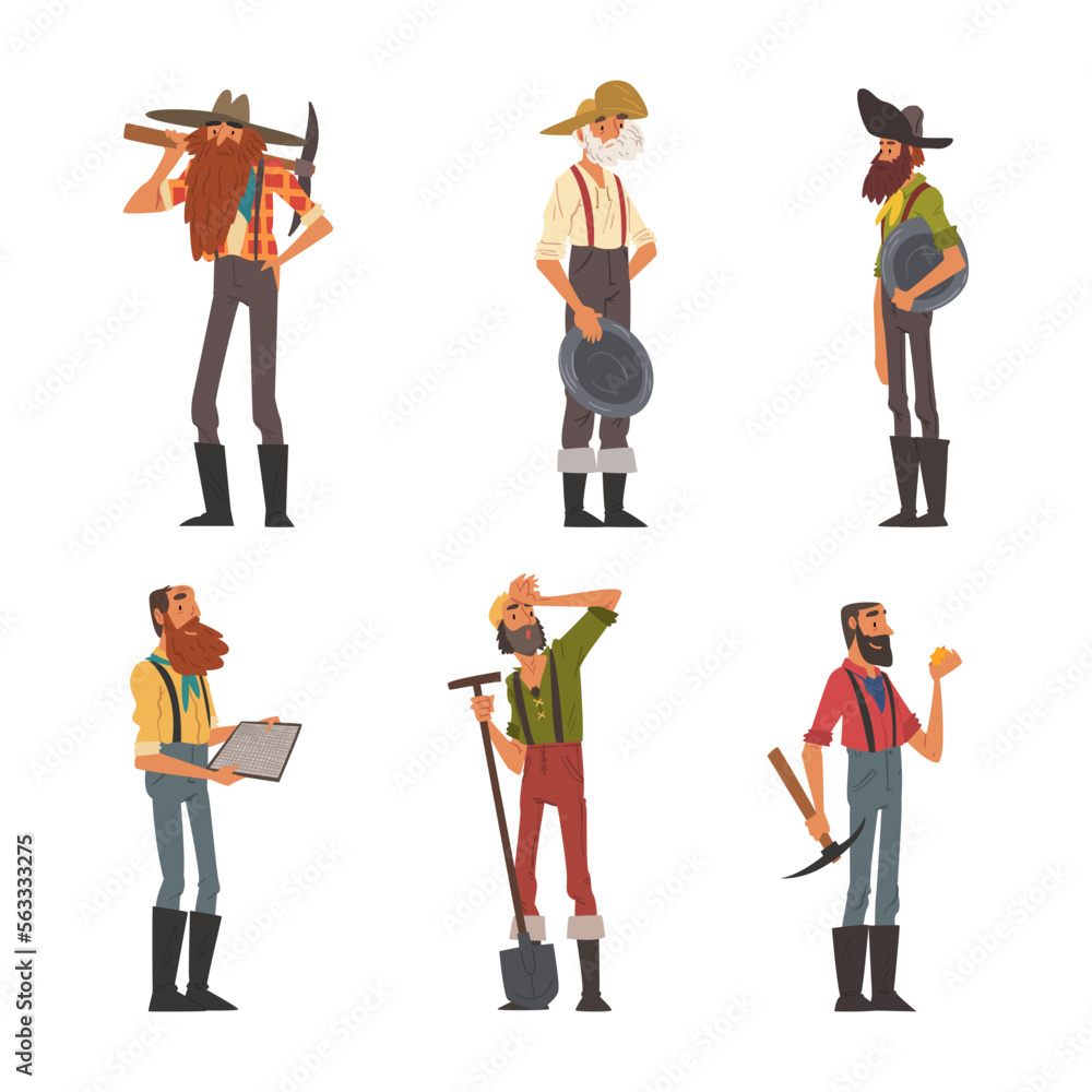 Bearded Male Prospector Characters with Shovel and Pickaxe Vector Set ...