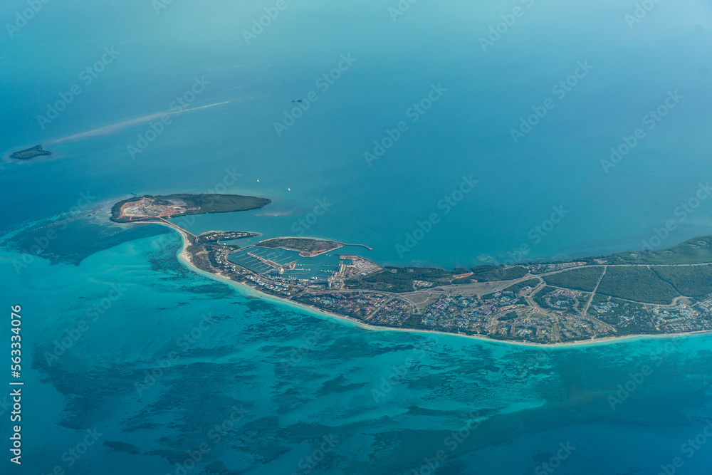 Aerial landscape view of tip of Varadero peninsula and satellite islet ...