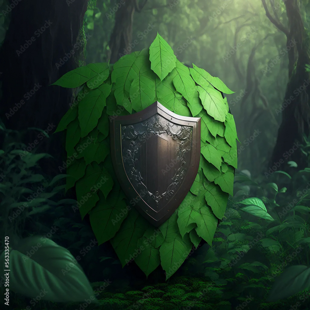 Green shield as a symbol of preserving natural resources and protecting ...