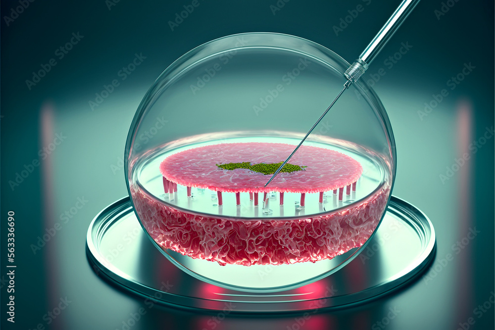 Artificial meat in glass sphere. Lab grown meat. AI generative concept ...