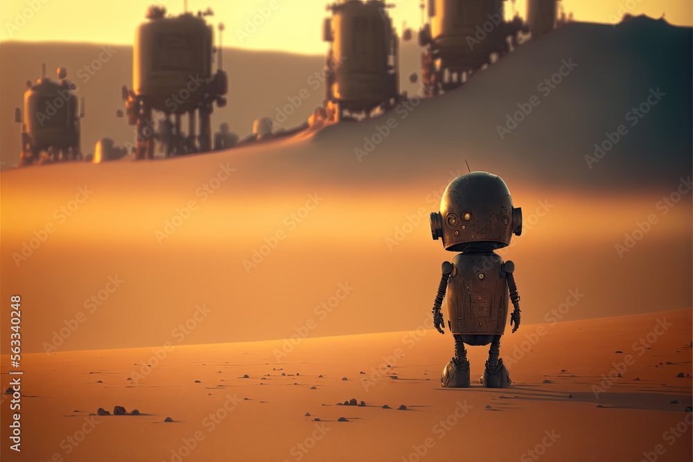 Sad Child Robot in a Dystopian Desert Landscape Stock Illustration ...