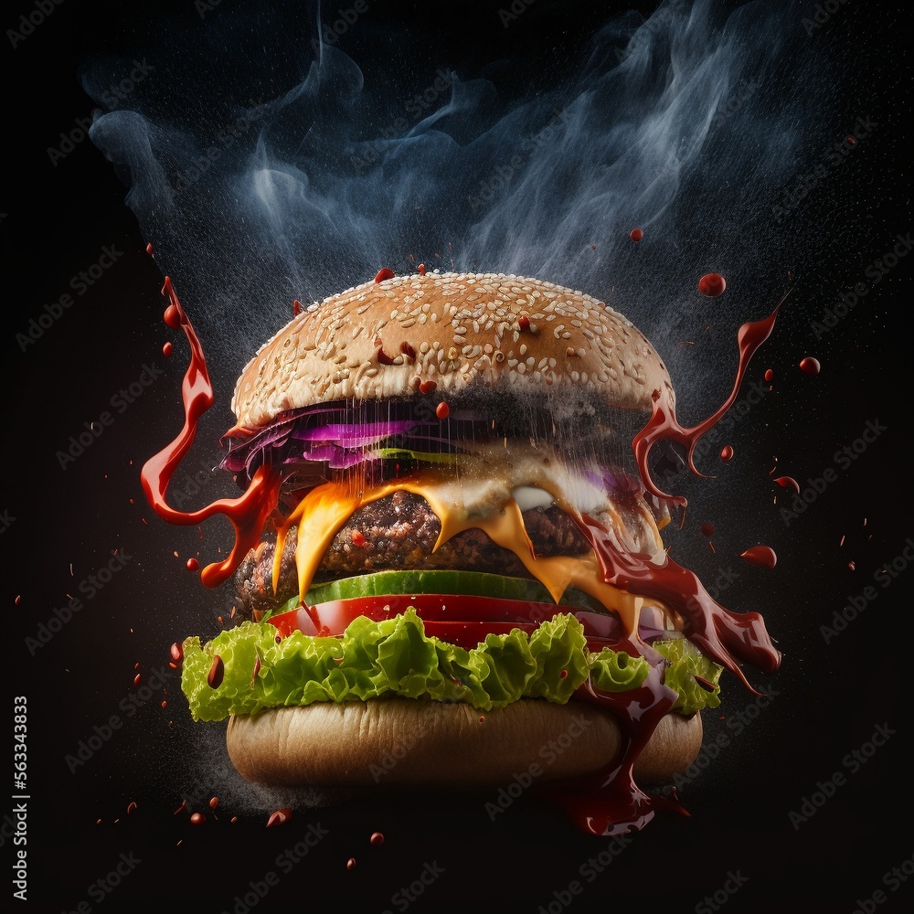 Burger exploding photoshoot, macro photography food. AI generation ...